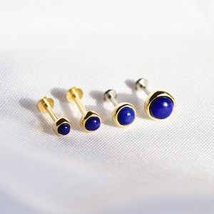 14K Solid Gold Lapis Lazuli Threadless Push Pin Labret Stud Earring Dainty Cartilage Helix ...