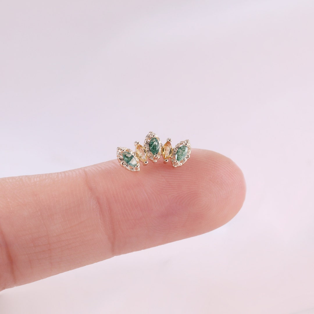 14K Gold Moss Agate and Citrine Climber Earring Threadless Push Pin ...