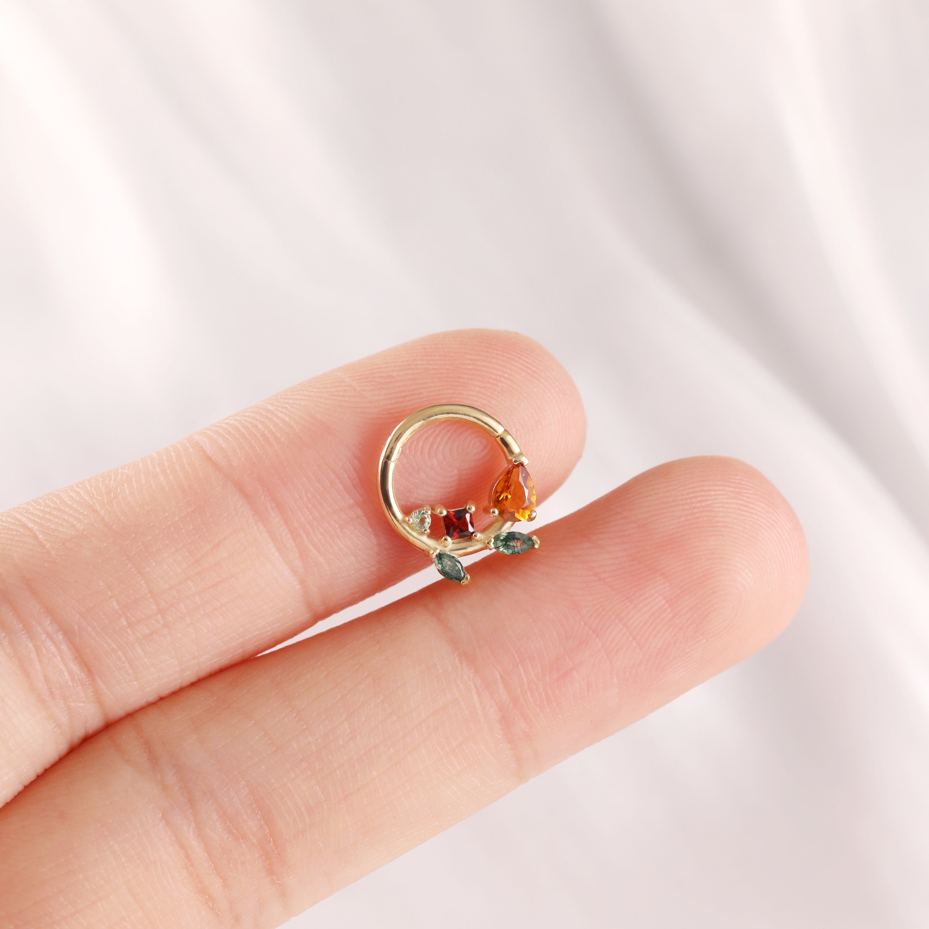 14K Gold Citrine Conch Clicker Earring, Gemstone Leaf Daith Hoop ...