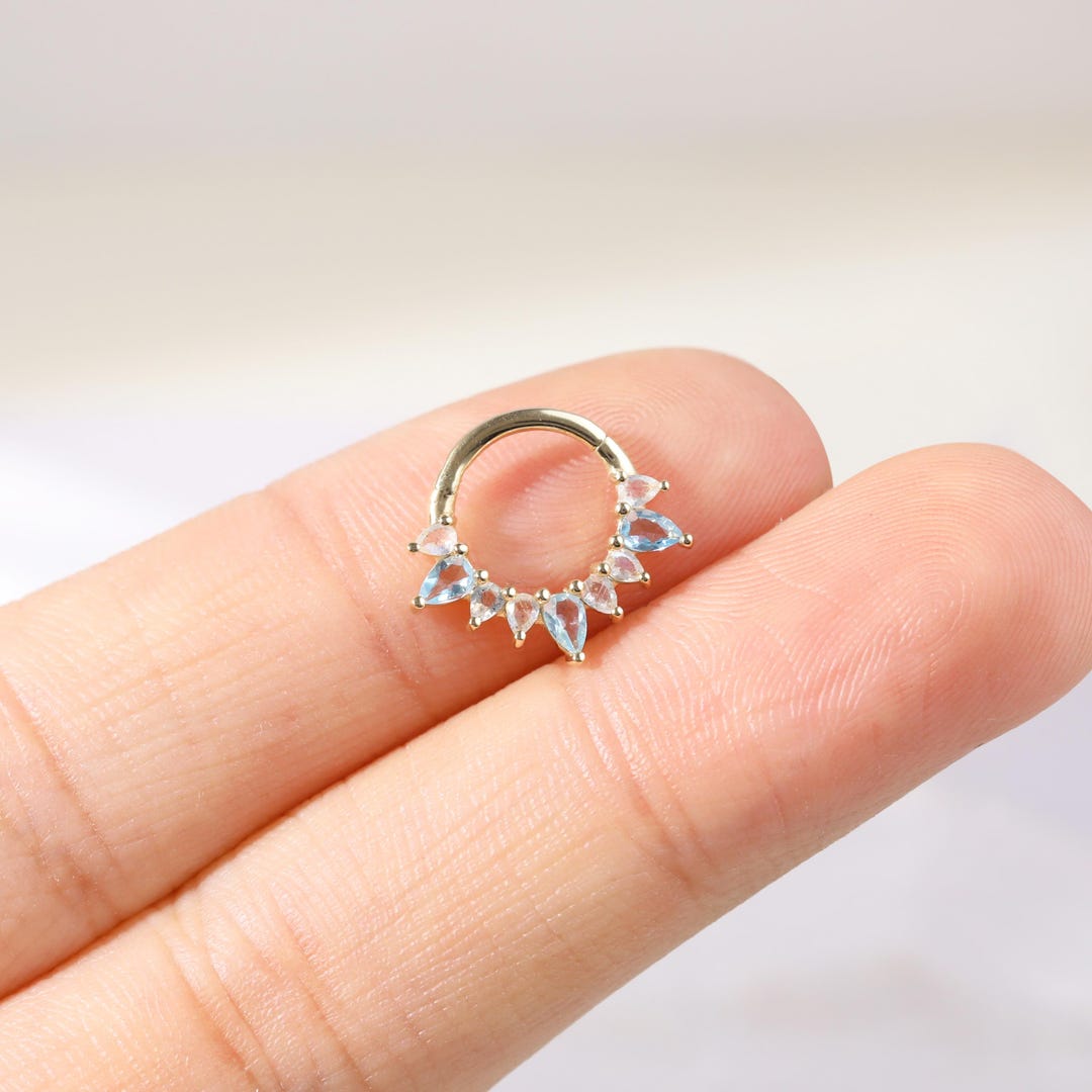 14K Solid Gold Spike Swiss Blue Topaz Septum Daith Ring Piercing ...