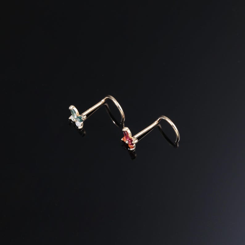 14K Solid Gold Butterfly Nose Piercing, Moss Agate & Moissanite Nose ...