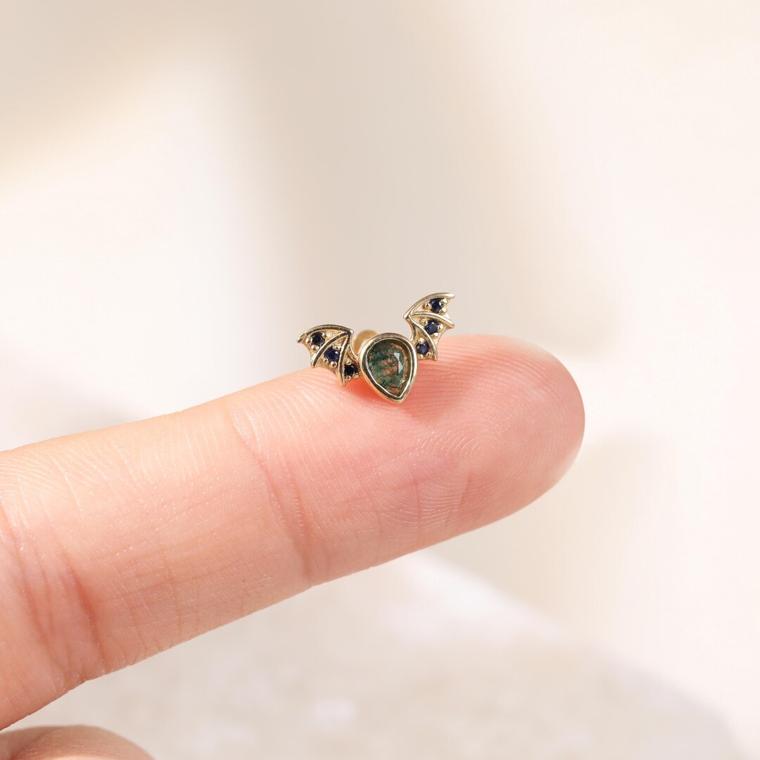 14K Solid Gold Bat Moss Agate With Sapphire Push Back Stud, Bat Tragus ...