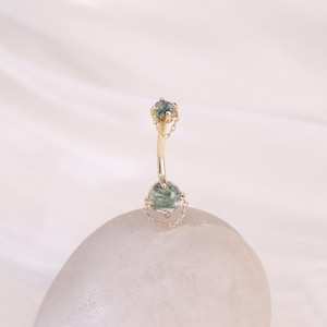 14K Solid Gold Moss Agate Belly Piercing, Dangle Cable Chain Navel Ring ...