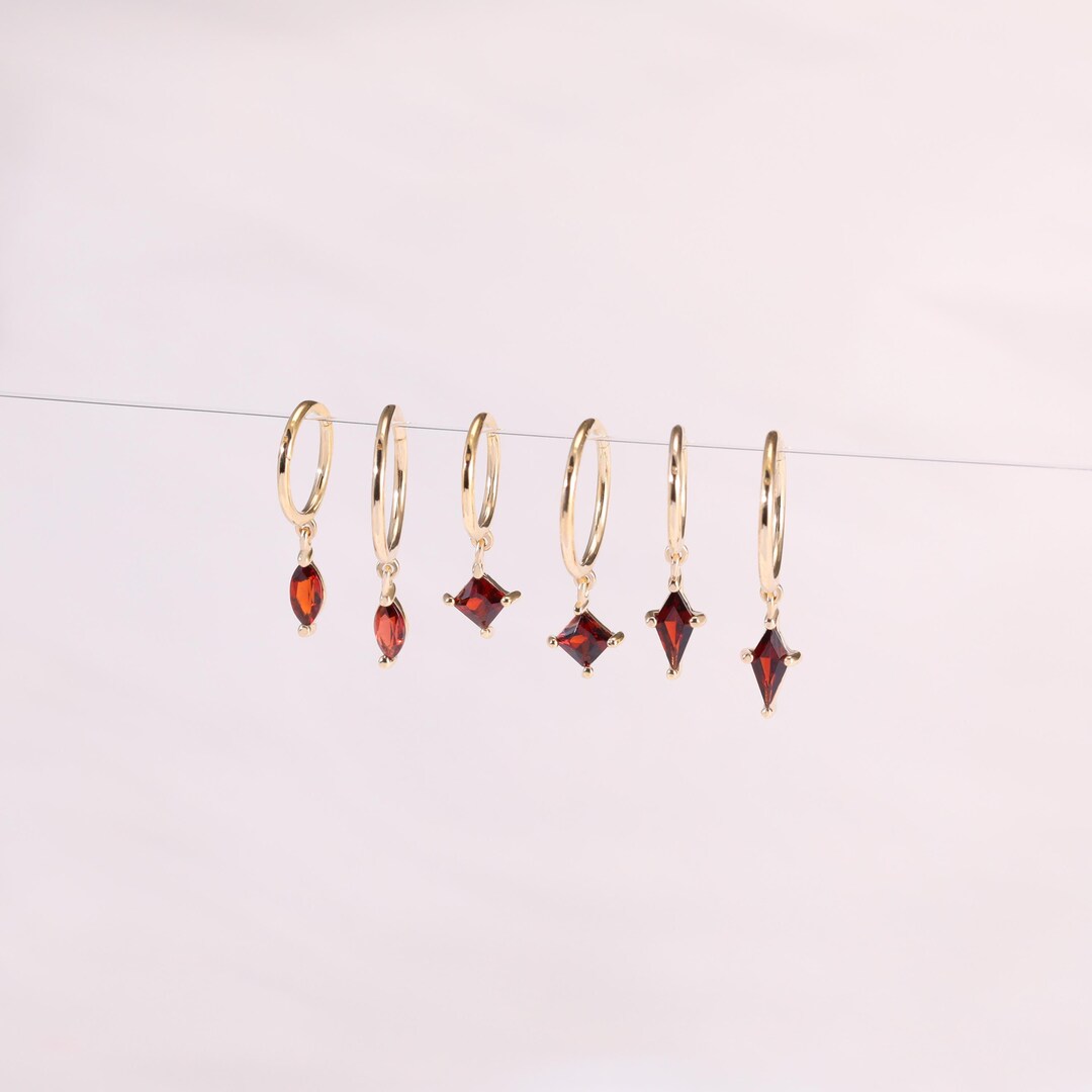 14K Solid Gold Dangle Garnet Hoop Clicker, Garnet Marquise/square/kite ...
