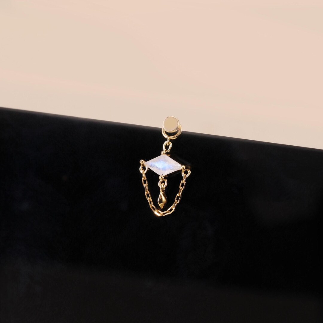 14K Solid Gold Moonstone Charm, Dangle Rhombic Shaped Moonstone Chain ...