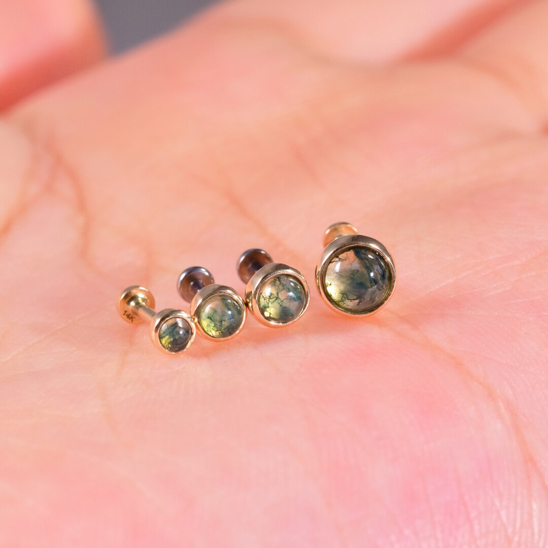 14k Solid Gold Moss Agate Threadless Push Pin Stud Earring Dainty Round ...