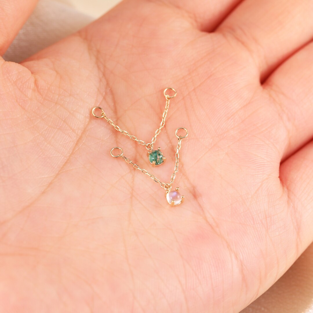 14K Solid Gold Moss Agate Chain Attachment, Gemstone Chain Charm ...