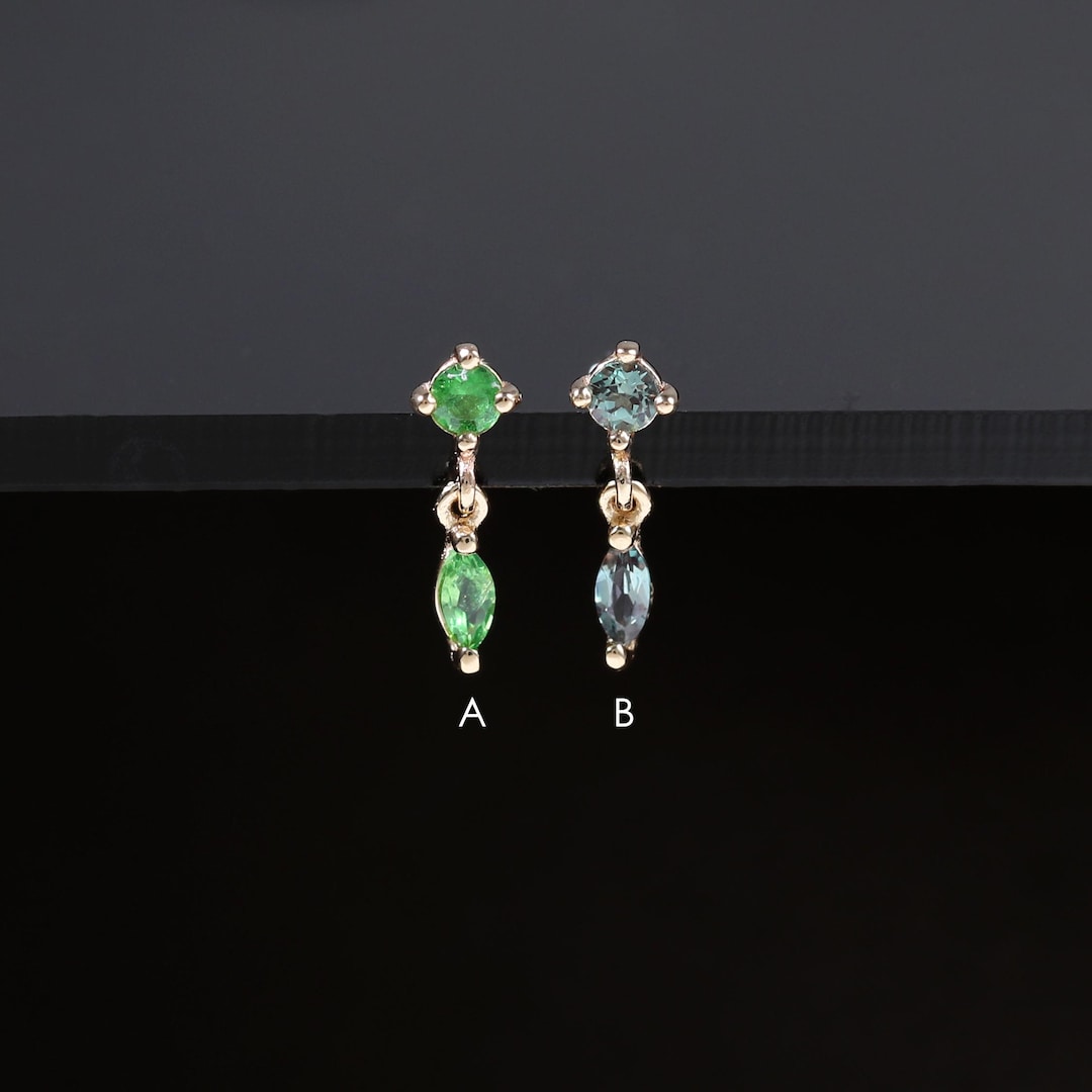 14K Solid Gold Alexandrite & Tsavorite Stud Earring, Dangle Gemstone ...