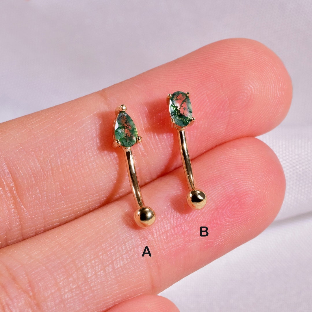 14K Solid Gold Moss Agate Teardrop Rook Earring Oval Shape Rook Earring ...