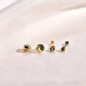 14K Solid Gold Moss Agate Threadless Push Pin, Round Natural Gemstone ...