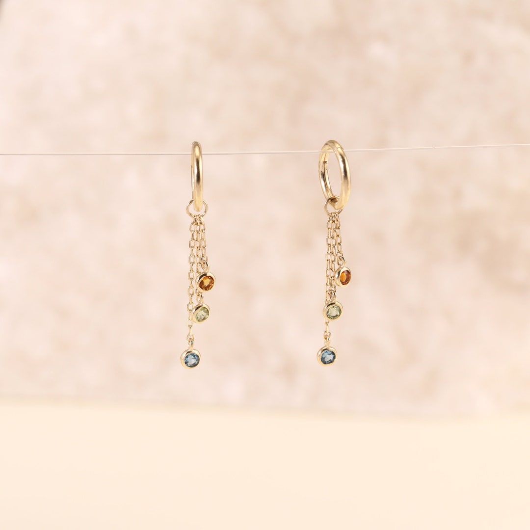 14K Solid Gold Dangle Triple Gem Earring Charm, Peridot Upper Lobe ...