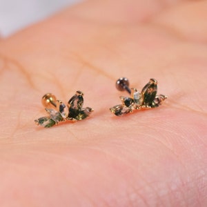 14K Gold Moss Agate Earring Threadless Push Pin Stud Dainty Fan Shape ...
