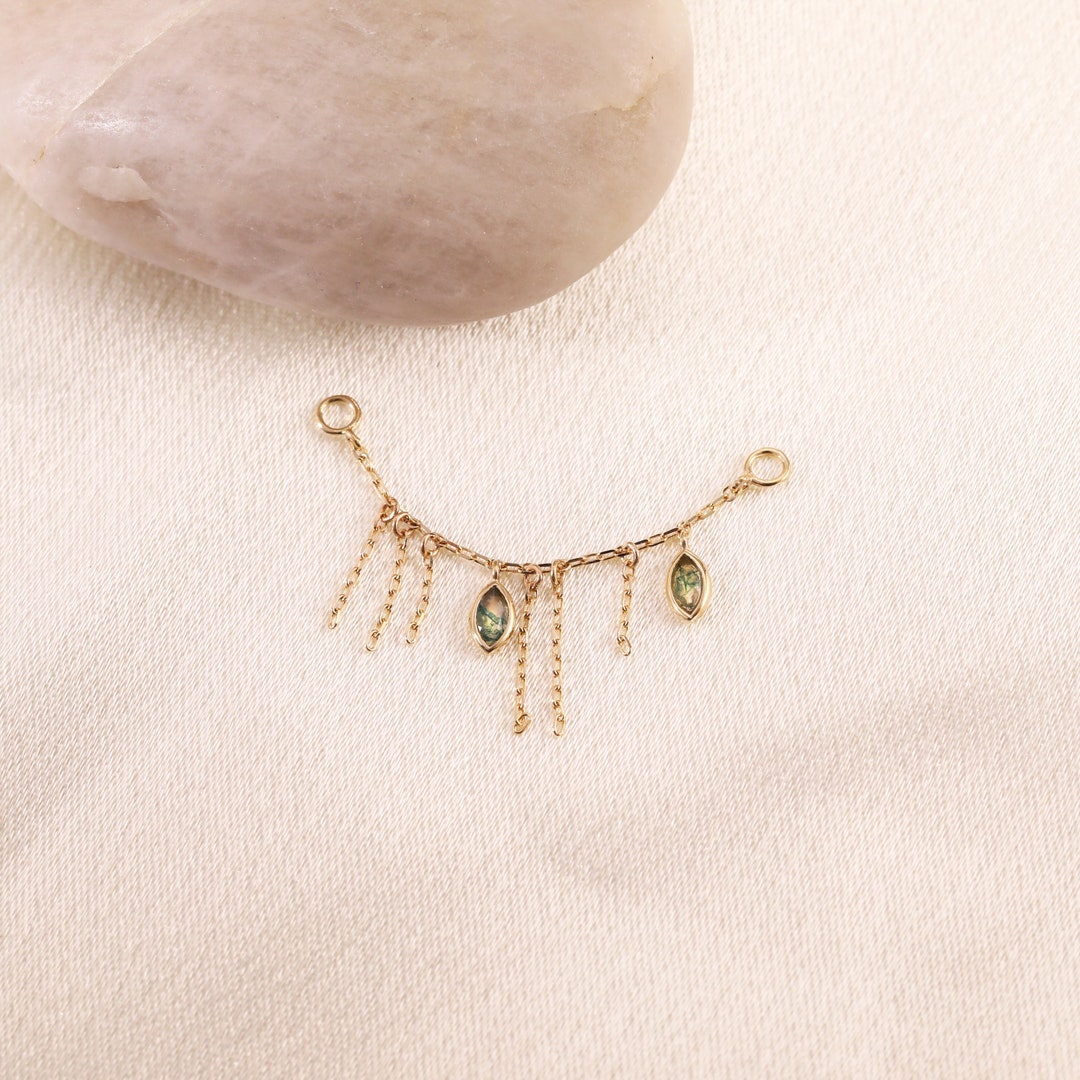 14K Solid Gold Marquise Cut Moss Agate Chain Charm, Gemstone Helix ...