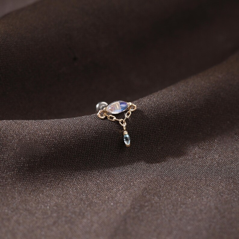 14K Solid Gold Moonstone Cartilage Earring, London Blue Topaz Dangle ...