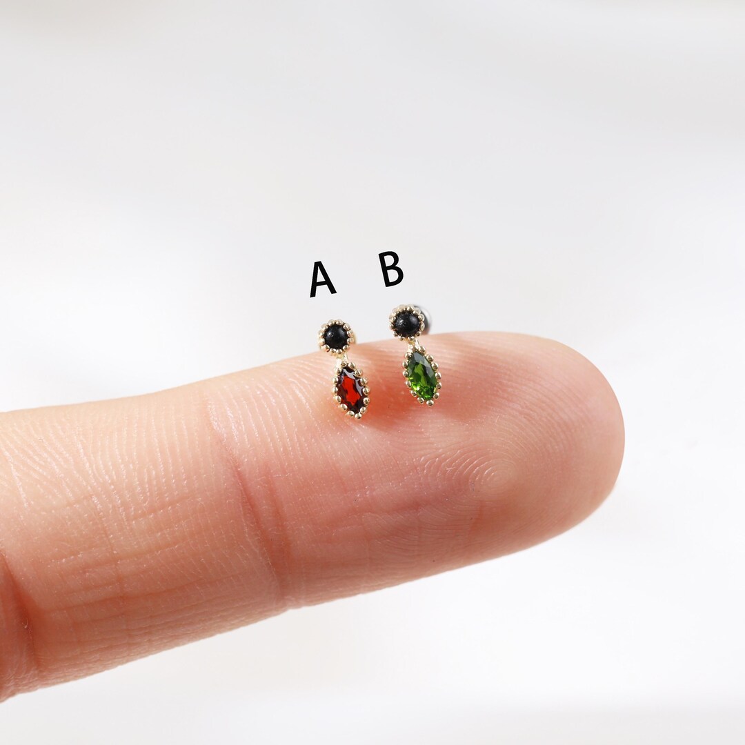 14K Solid Gold Black Onyx With Garnet Earring, Emerald Tragus Conch ...