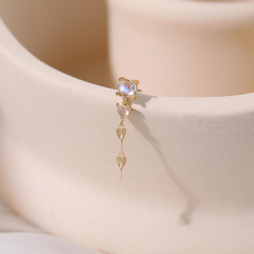 14K Solid Gold Moonstone Cartilage Helix Stud, Natural Gemstone Conch ...