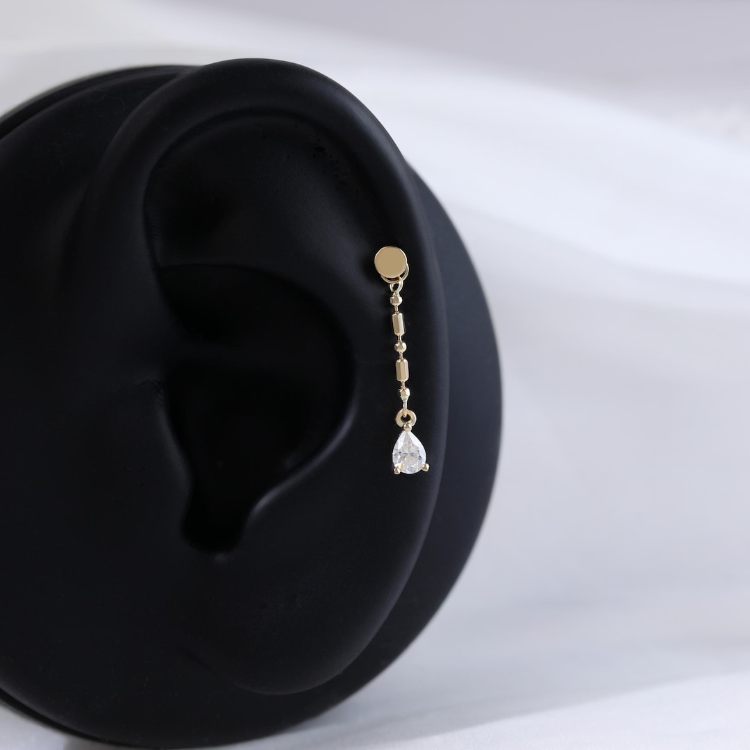 14K Solid Gold Dangle Pear Moissanite Helix Charm, Dangle Long Bean ...