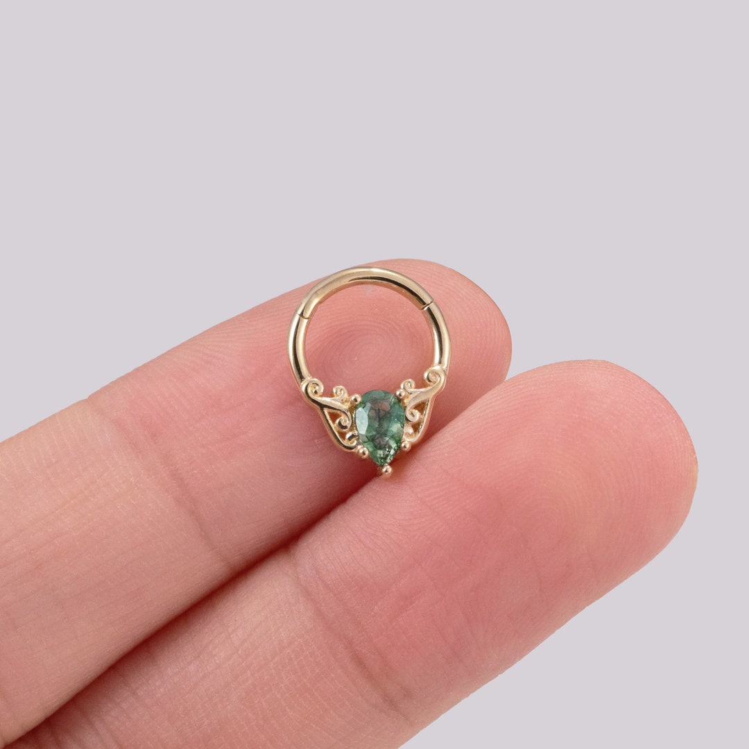 14K Solid Gold Teardrop Moss Agate Septum Ring, Hinged Segment Daith ...