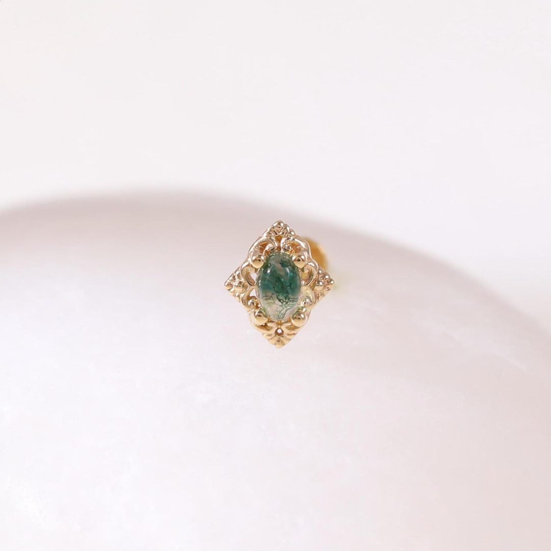 14K Solid Gold Moss Agate Floral Flat Back Piercing, Gemstone Flower ...