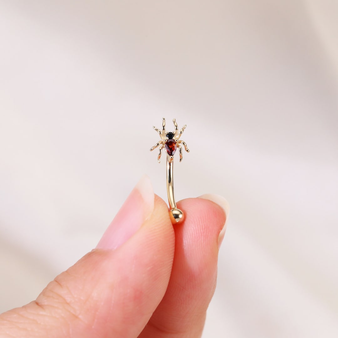 14K Solid Gold Spider Rook Ring, Black Onyx Eyebrow Earring, Curved ...