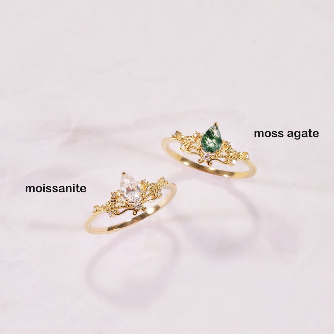Solid Gold Moss Agate Engagement Ring Gold Moissanite Wedding Ring ...