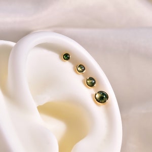 14K Solid Gold Moss Agate Threadless Push Pin, Round Natural Gemstone ...