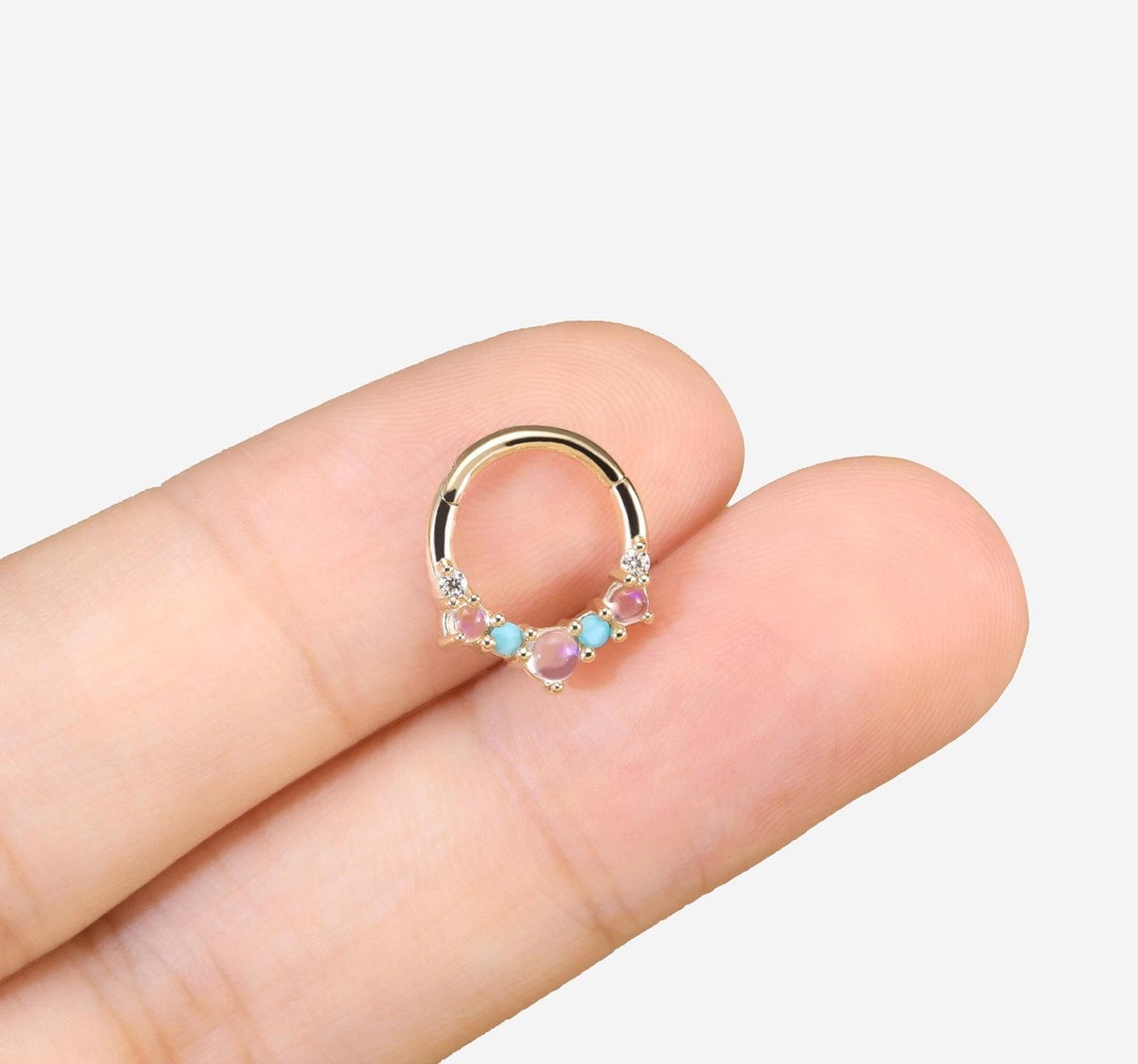 14K Solid Gold Moonstone With Turquoise Conch Hoop, Moissanite Seamless ...