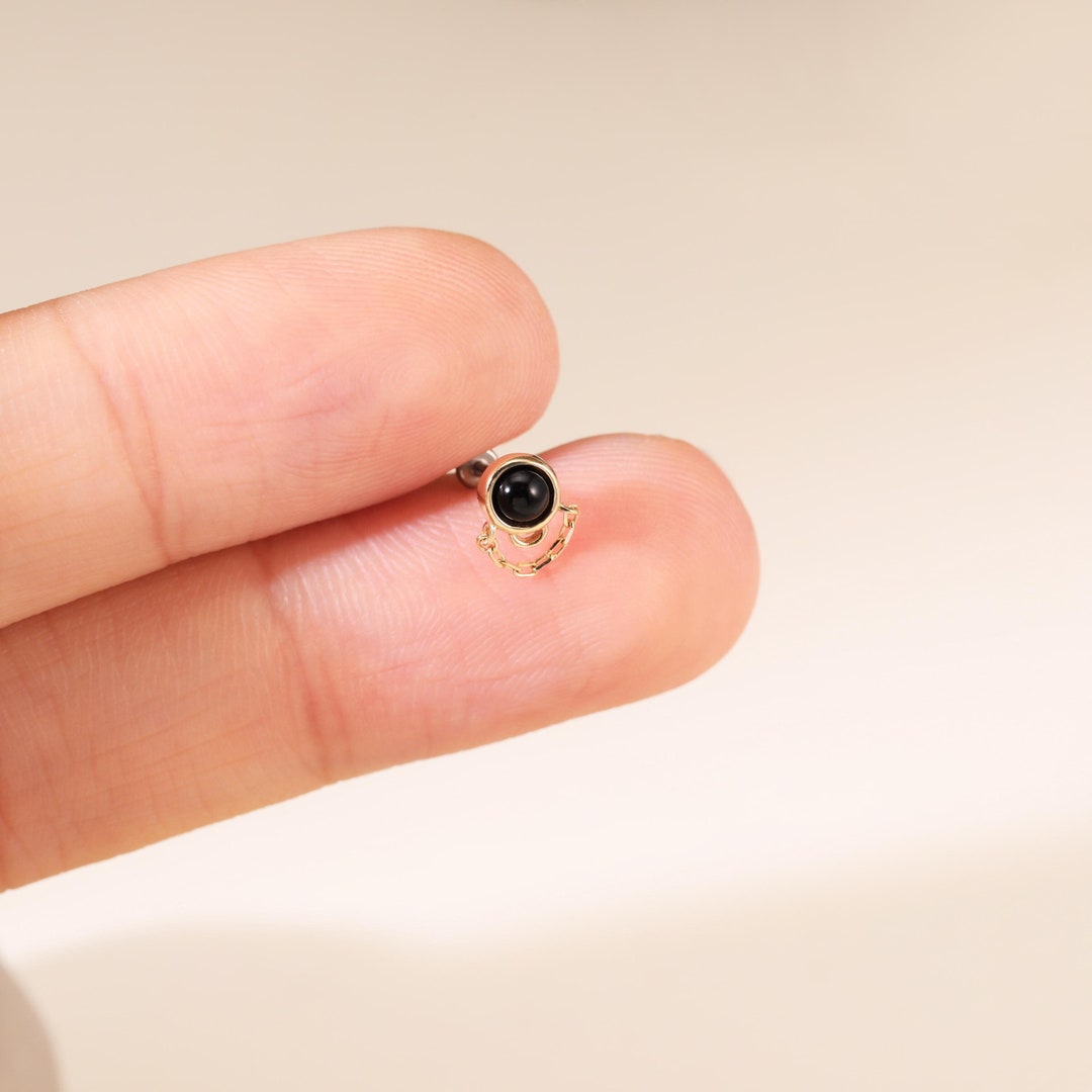 14K Solid Gold Dangle Black Onyx Chain Stud Piercing, Gold Drop Stud ...