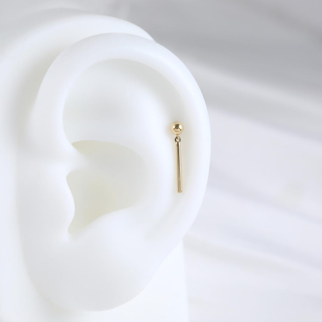 14K Solid Gold Dangle Drop Bar Earring, Real Gold Ball Stud Threadless ...