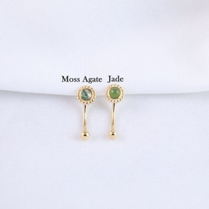 14K Solid Gold Moss Agate Round Rook, Jade Eyebrow Earring, Tiny ...