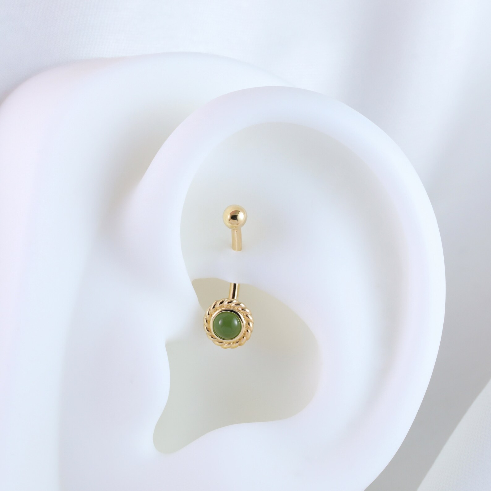 14K Solid Gold Moss Agate Round Rook, Jade Eyebrow Earring, Tiny ...