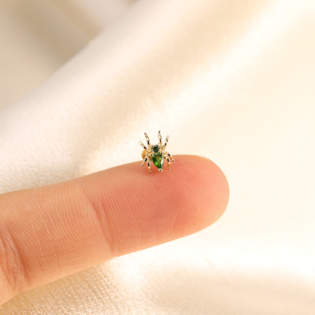 14K Solid Gold Spider Tsavorite With Diopside Helix Earring, Gold ...