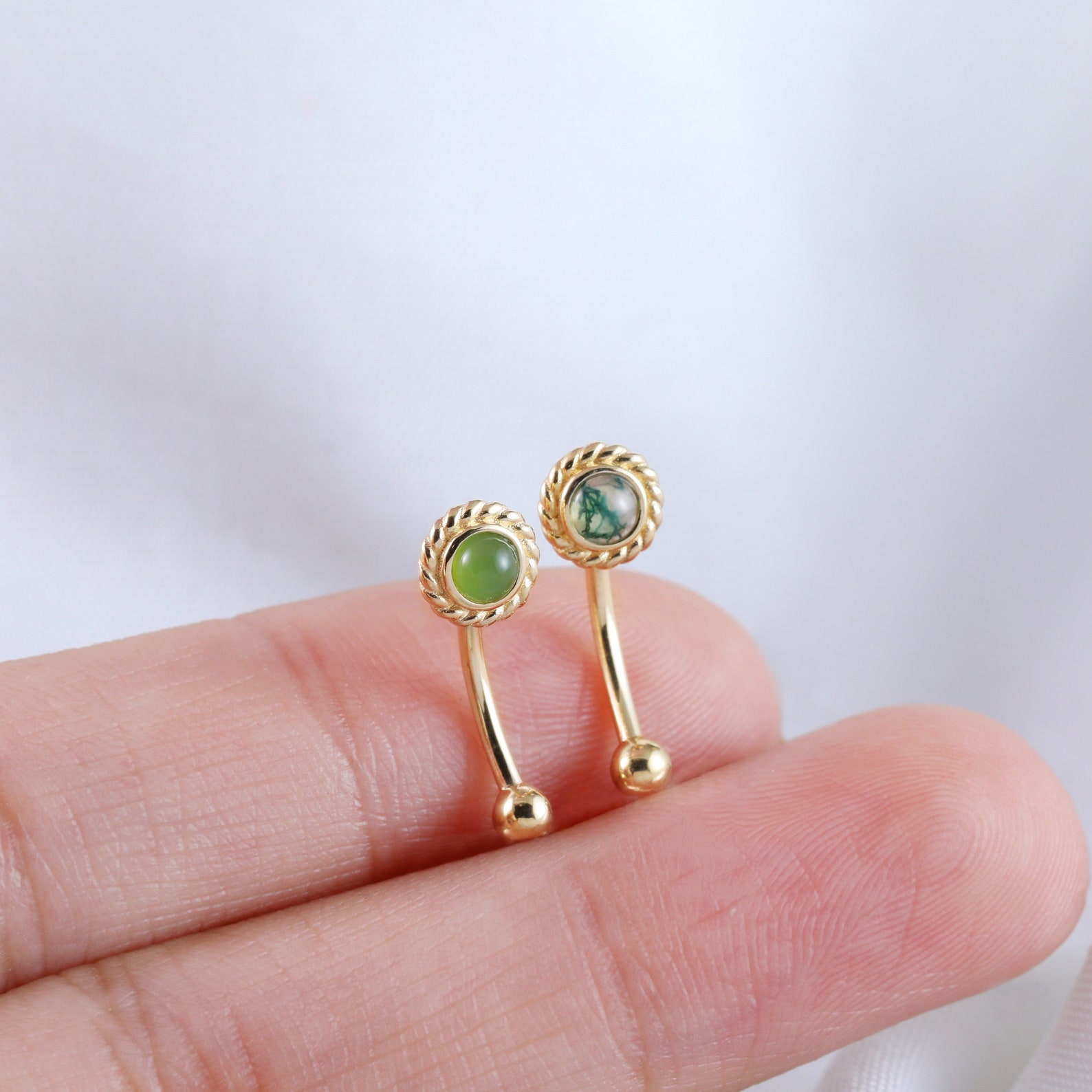 14K Solid Gold Moss Agate Round Rook, Jade Eyebrow Earring, Tiny ...