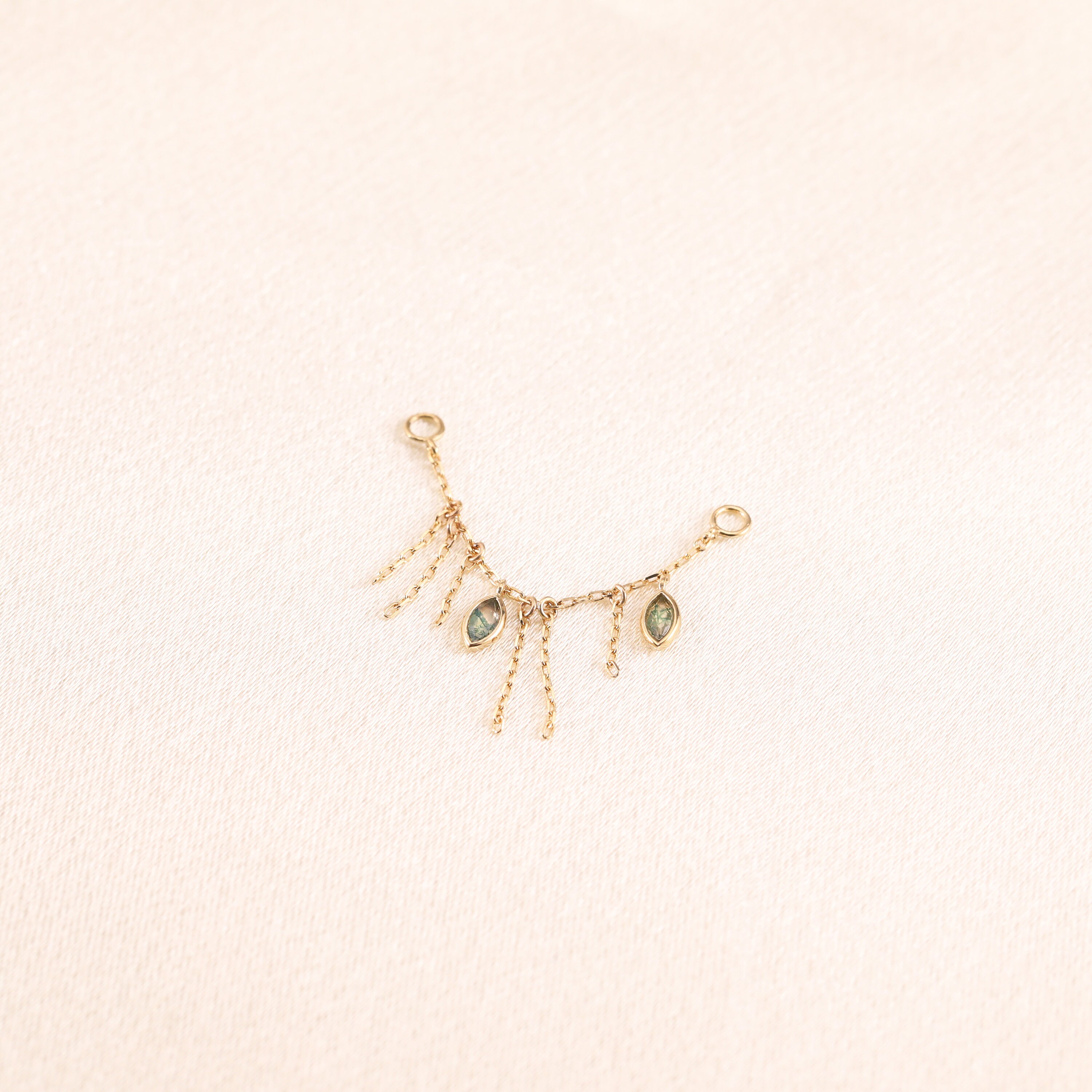 14K Solid Gold Marquise Cut Moss Agate Chain Charm, Gemstone Helix ...