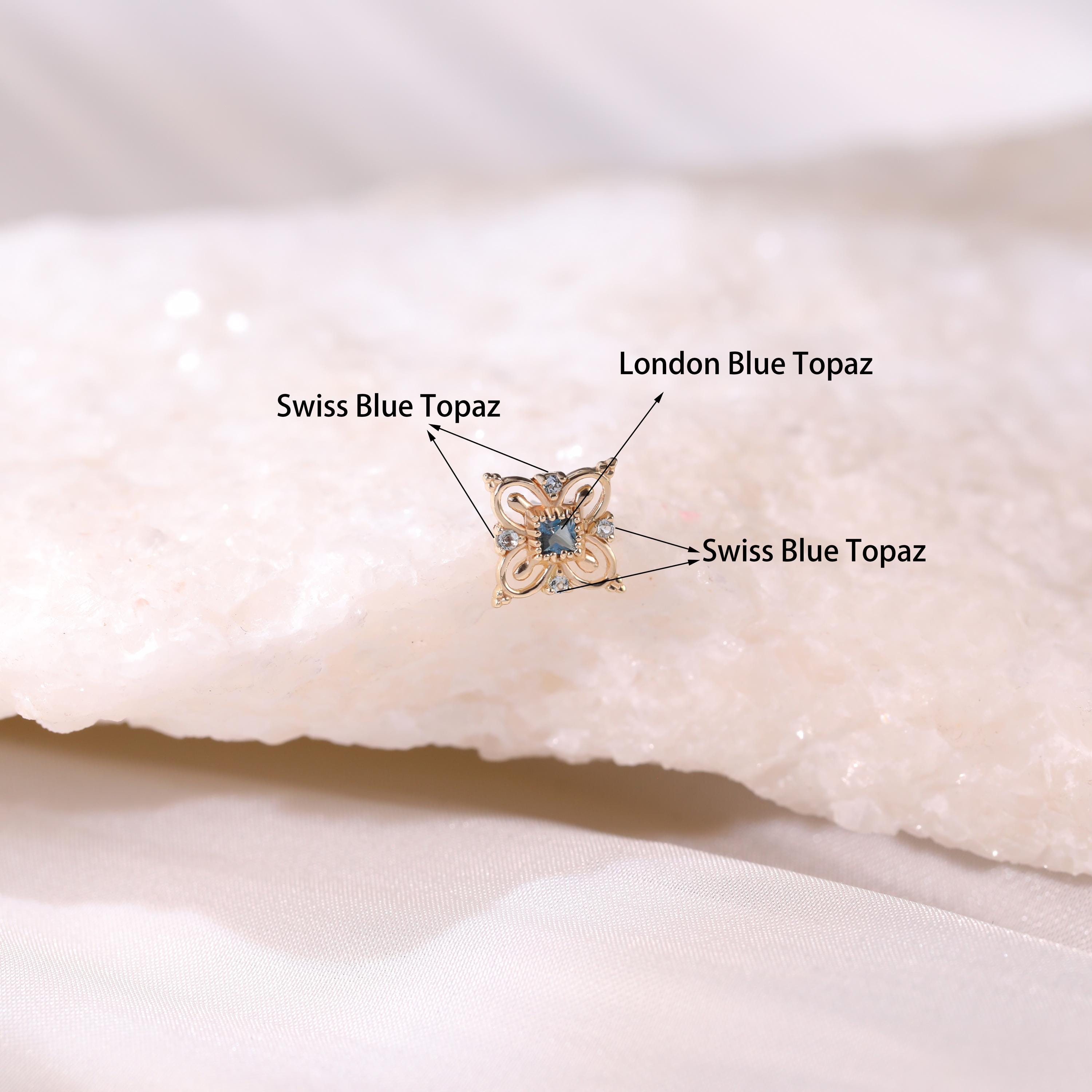 14K Solid Gold London Blue Topaz With Swiss Blue Topaz Stud, Floral ...