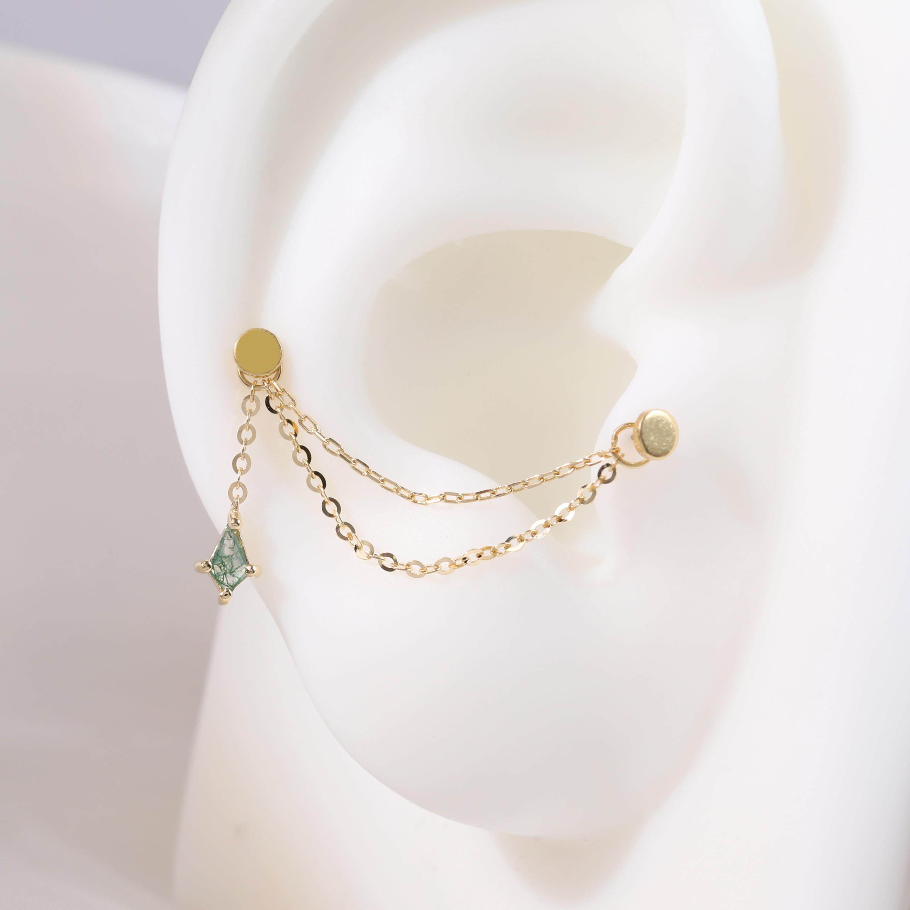 14K Solid Gold Dangle Kite Cut Moss Agate Chain, Industrial Cartilage ...