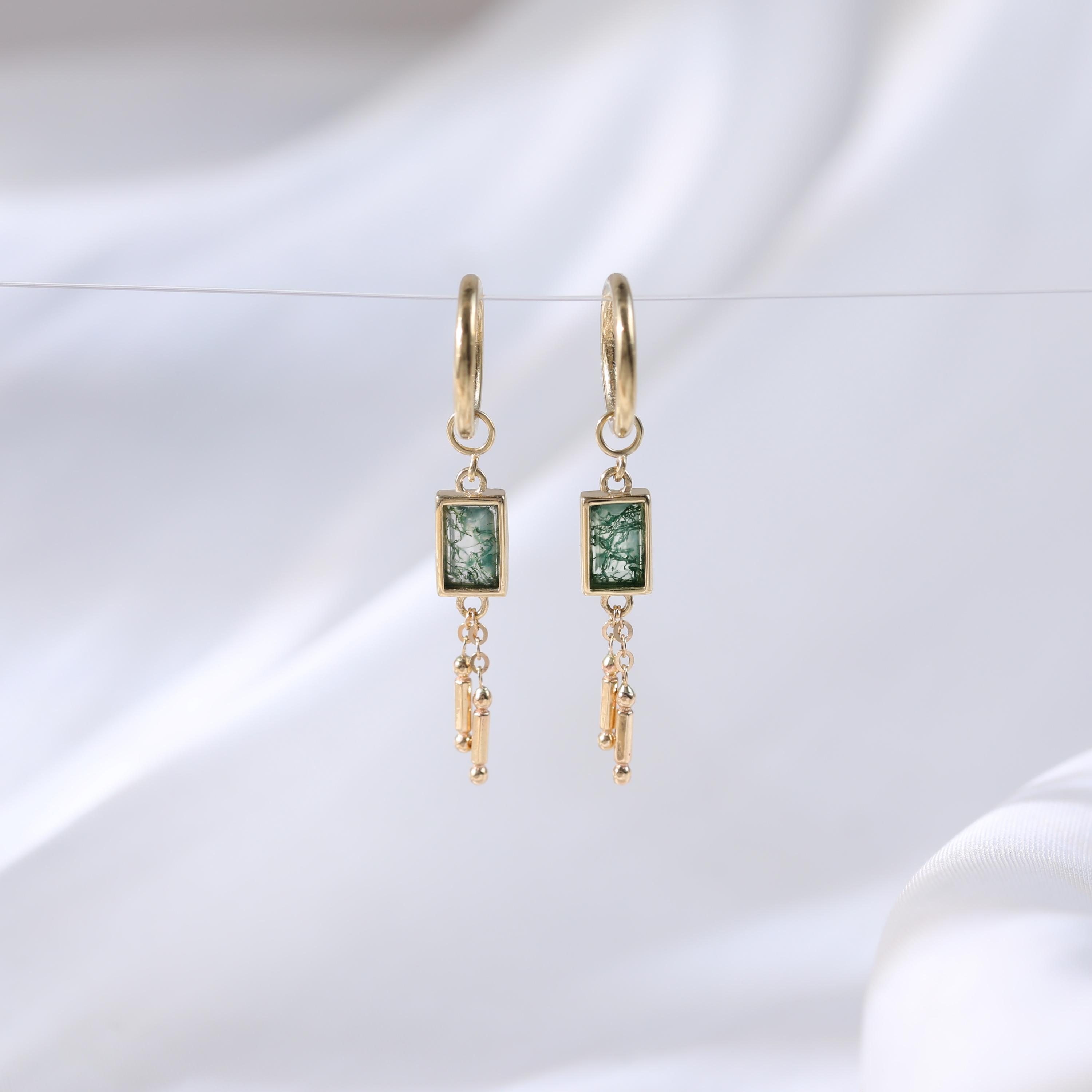 14K Solid Gold Dangle Baguette Moss Agate Charm, Dangle Bar Gemstone ...