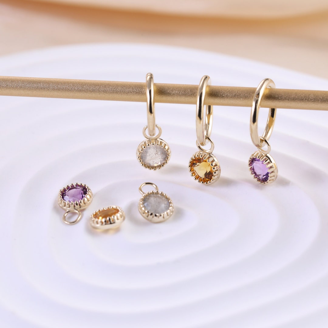 14K Solid Gold Dainty Charm Cartilage,amethyst Citrine Huggie Hoop ...