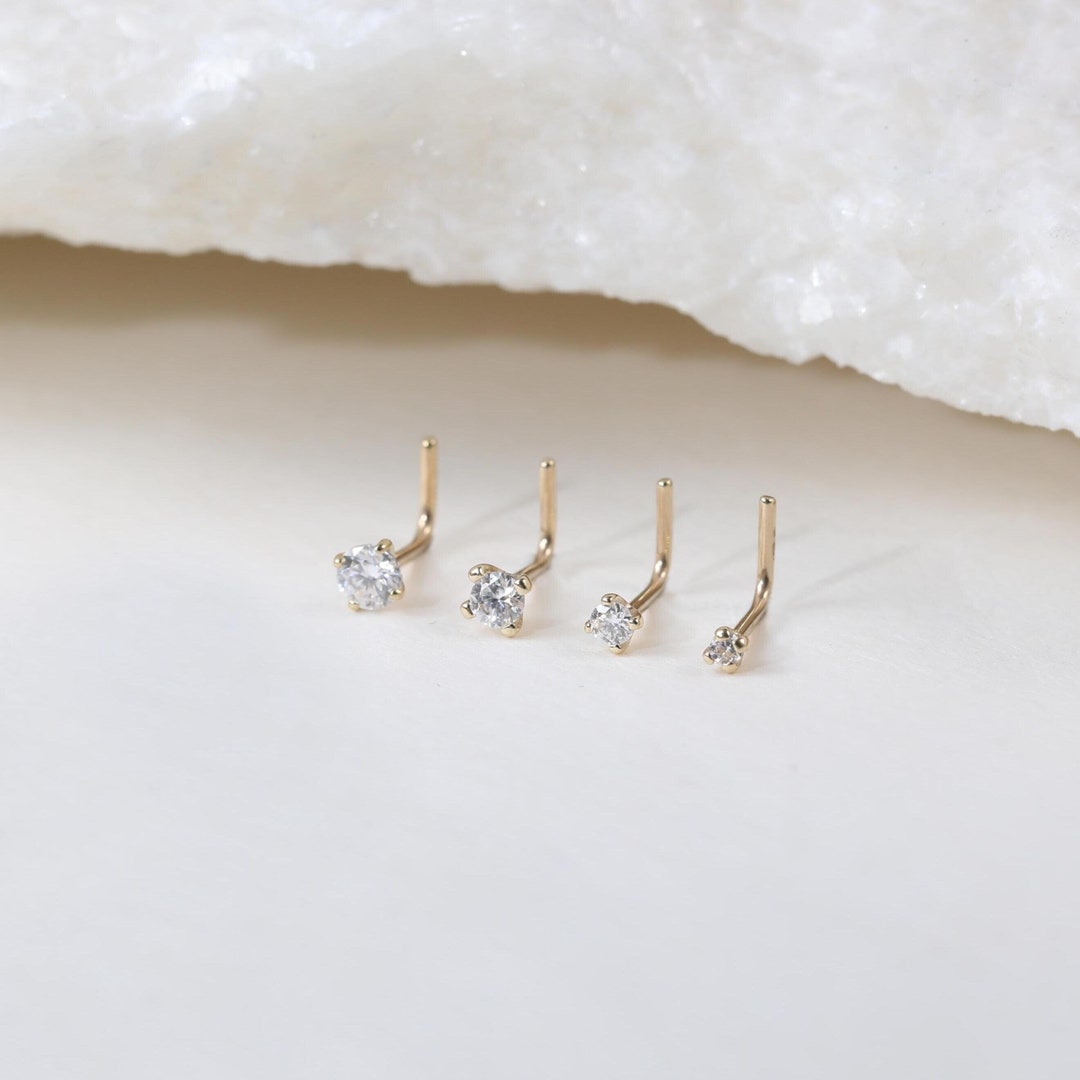 14K Solid Gold Moissanite Prong Setting Diamond L-shaped Nose Stud ...
