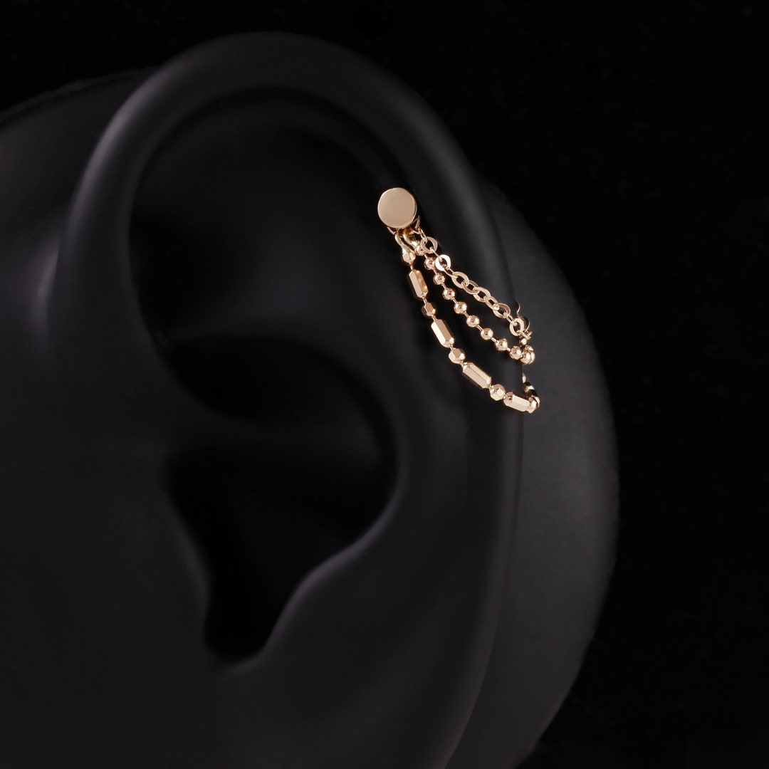 14K Solid Gold Triple Mixed Chain Attachment, 14K Gold Chain Piercing ...
