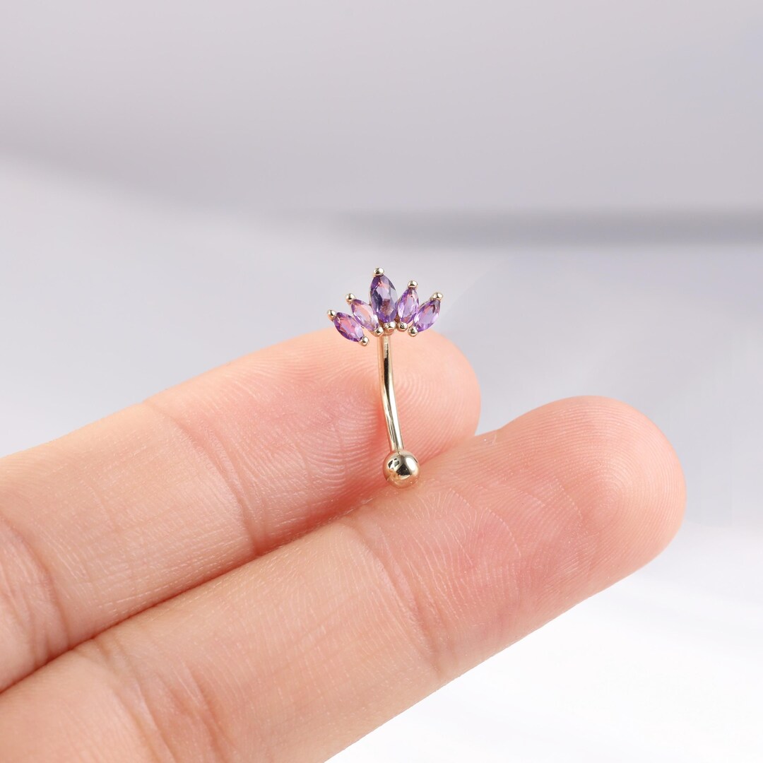 14K Solid Gold Crown Amethyst Rook Piercing, Dainty Gold Rook Fan Shape Eyebrow Piercing ...