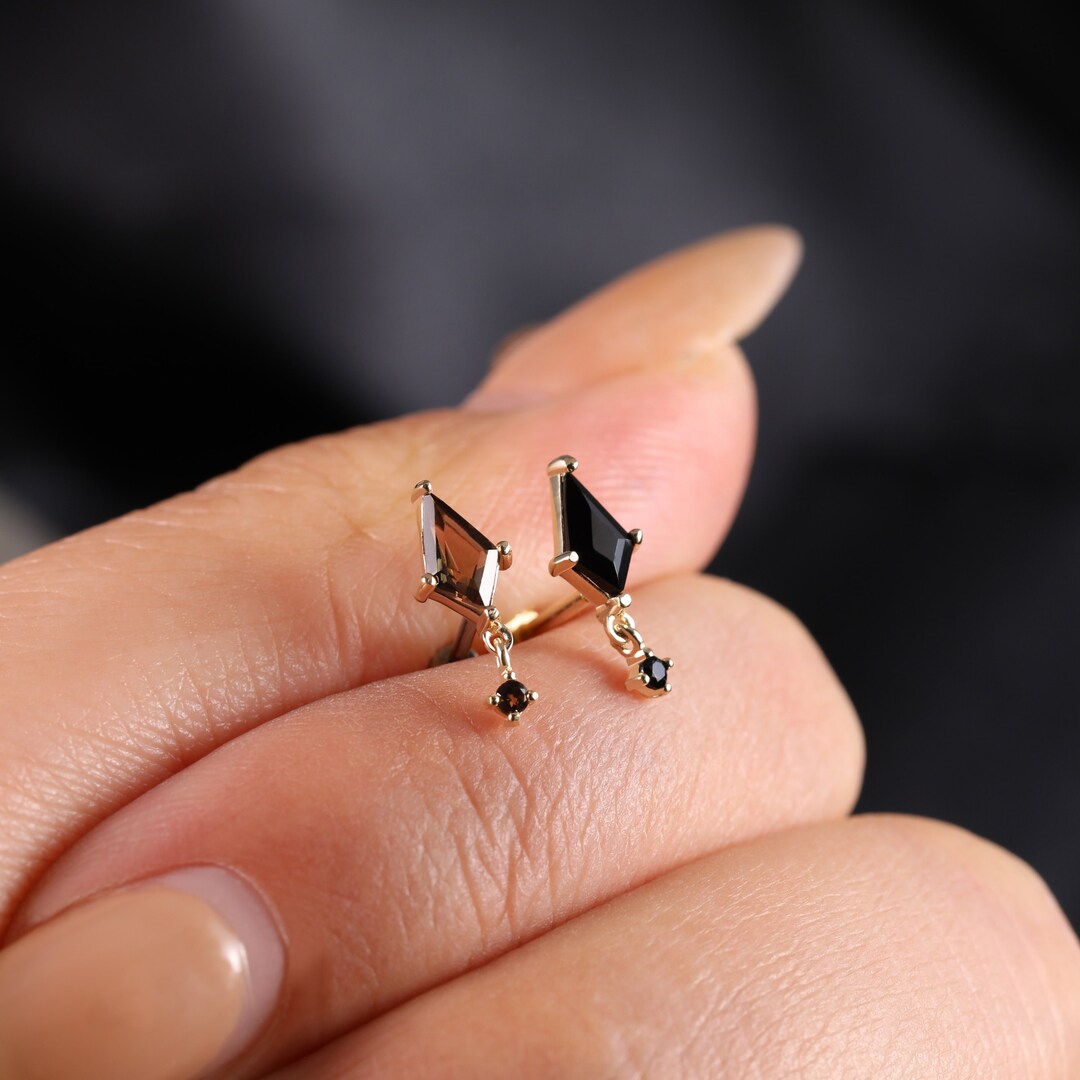 14K Solid Gold Black Onyx Kite Shaped Dangle Earring,smoky Quartz ...