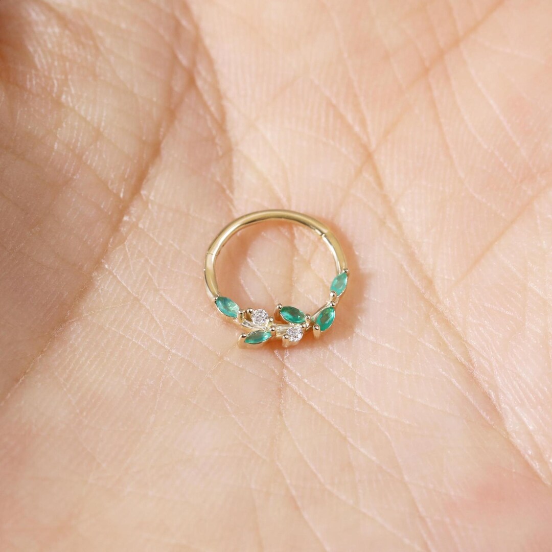 14K Solid Gold Green Chrysoprase Olive Leaf Clicker, Moissanite Plant ...