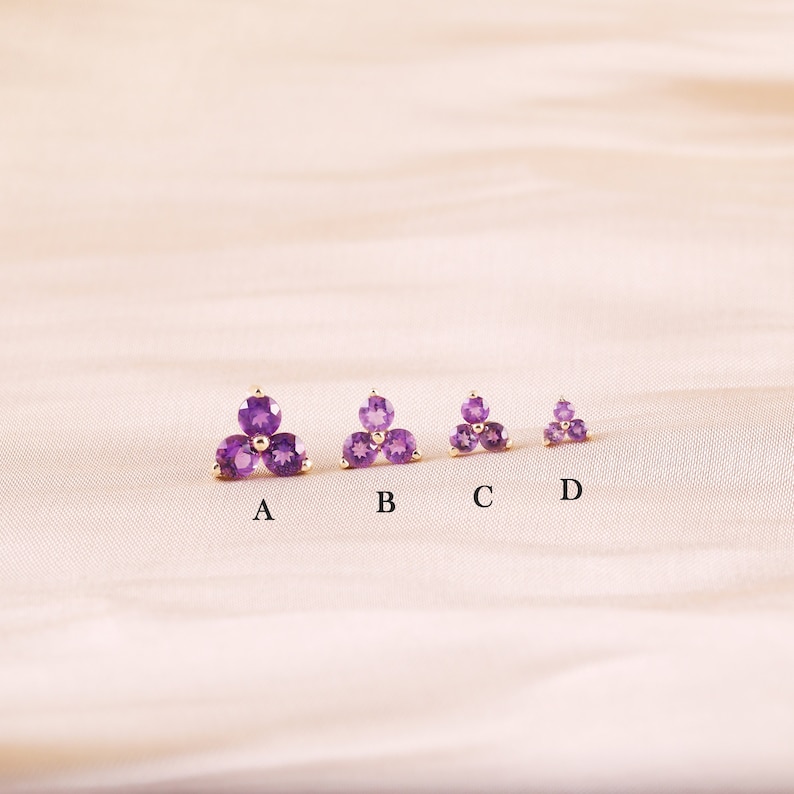 14K Gold Amethyst Triangle Stone Cluster Stud, Gold Floral Threadless ...