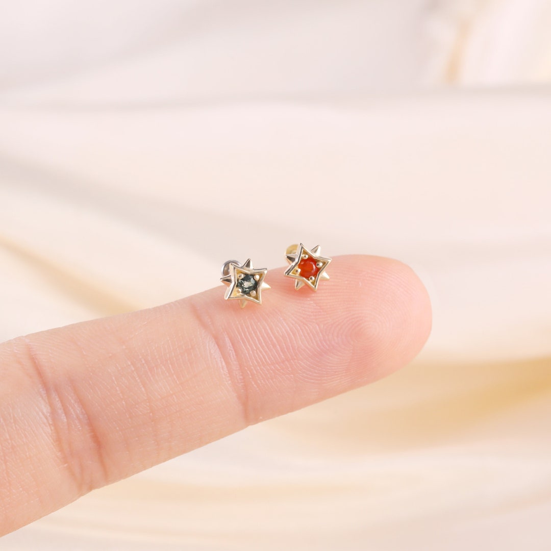 14K Solid Gold Moss Agate Star Shape Stud Earring, Red Chalcedony Stud ...