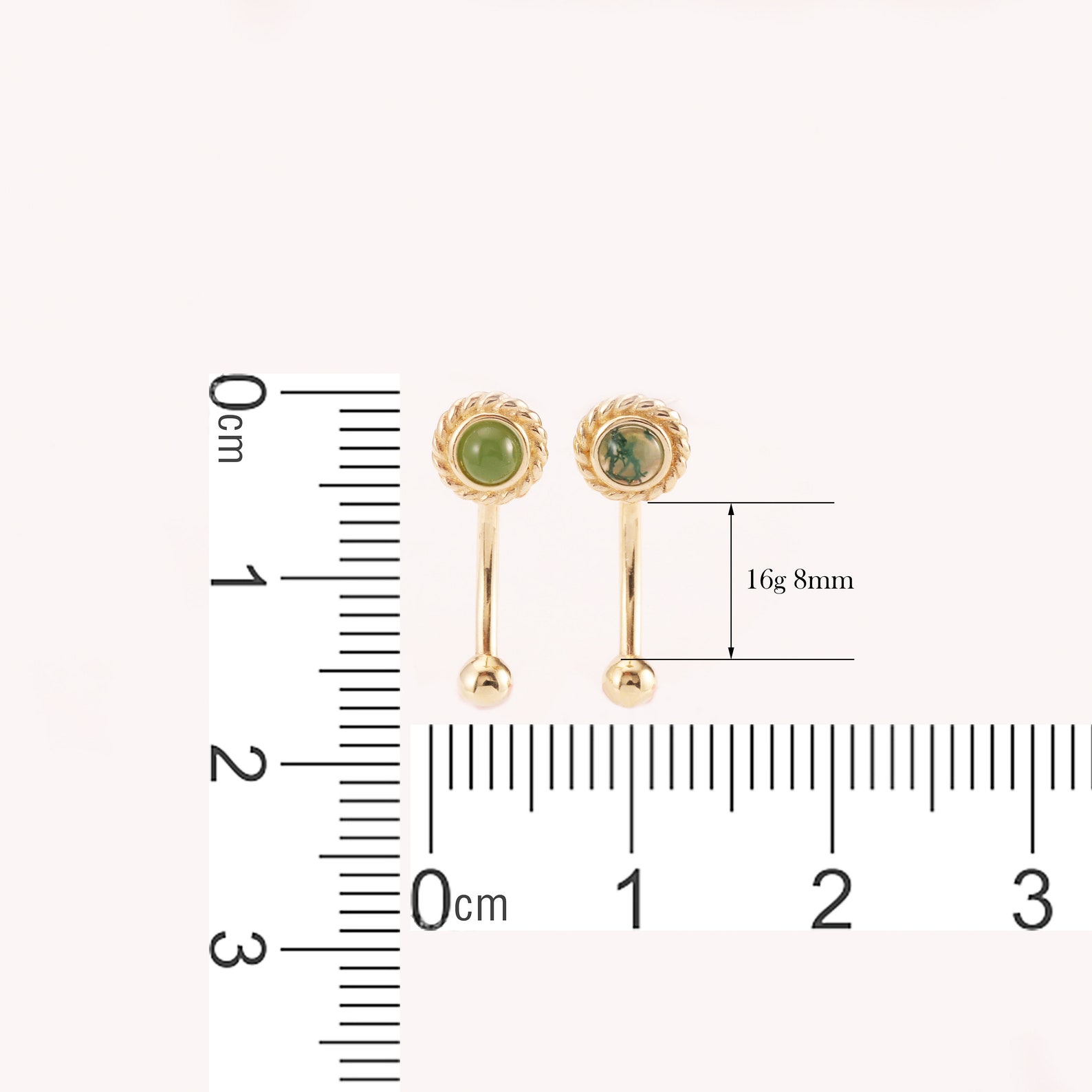 14K Solid Gold Moss Agate Round Rook, Jade Eyebrow Earring, Tiny ...