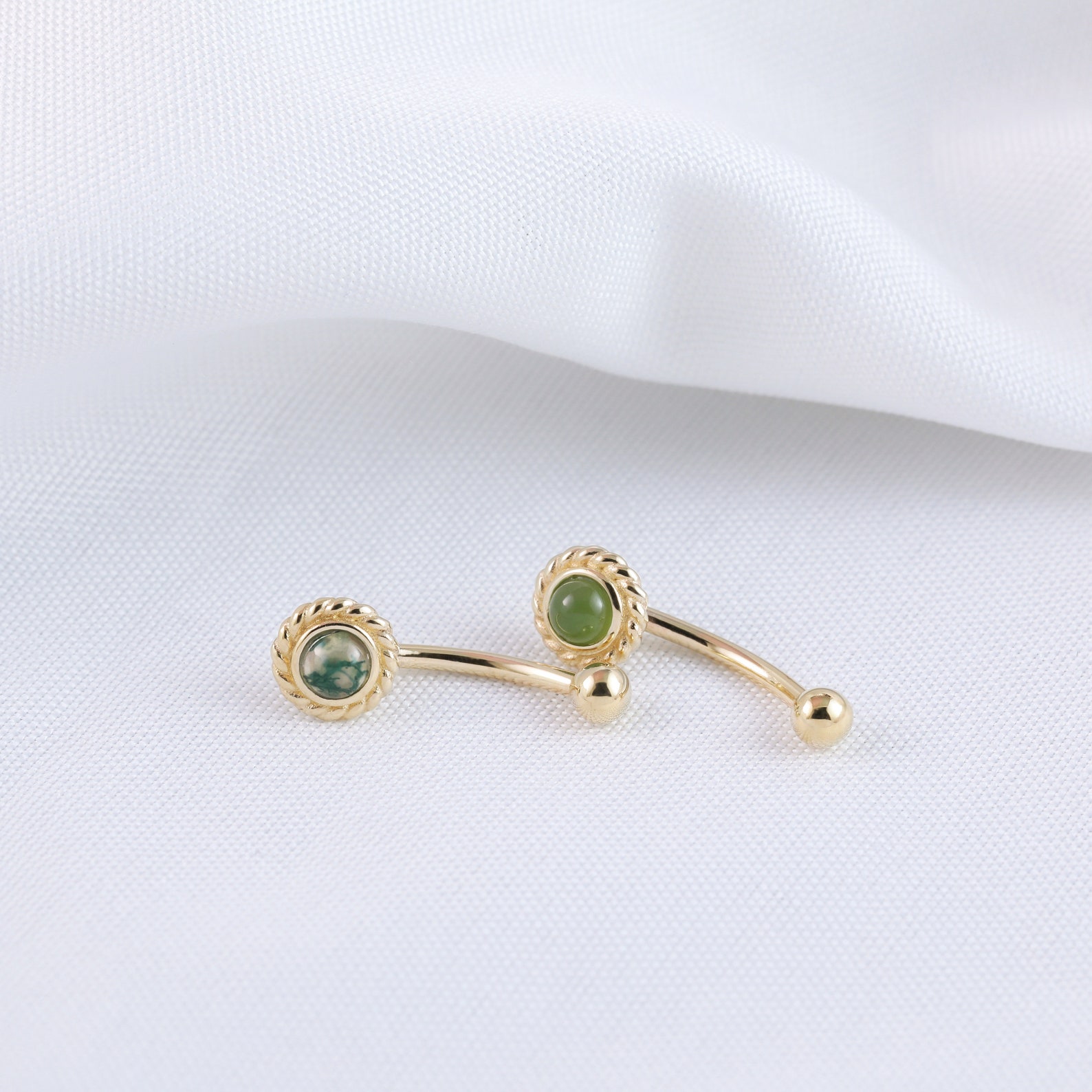 14K Solid Gold Moss Agate Round Rook, Jade Eyebrow Earring, Tiny ...