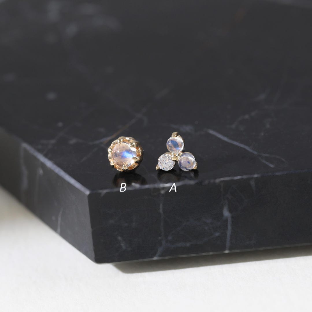 14K Solid Gold Moonstone With Moissanite Cartilage Earring, Moonstone ...