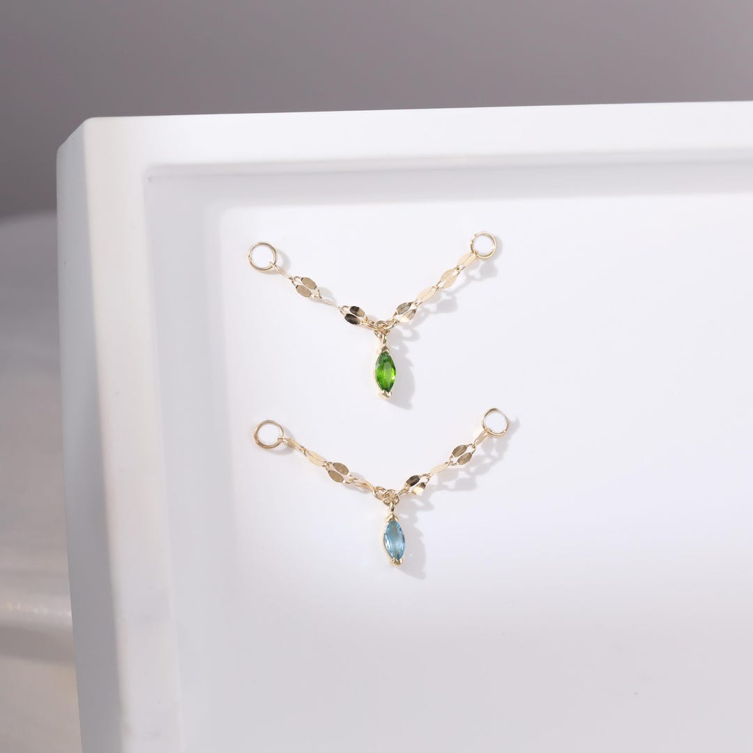 14K Solid Gold Diopside Rook Ring Chain Earring, Swiss Blue Topaz Helix ...