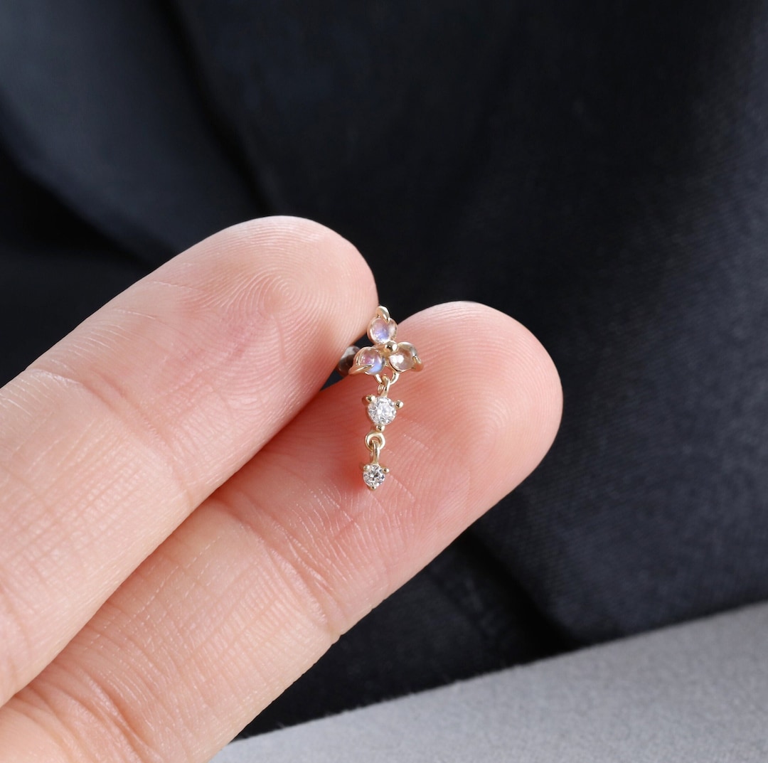 14K Solid Gold Tiny Three Moonstone Spheres With Moissanite Stud ...